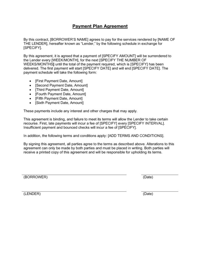 Payment Plan Agreement Template (Word)
