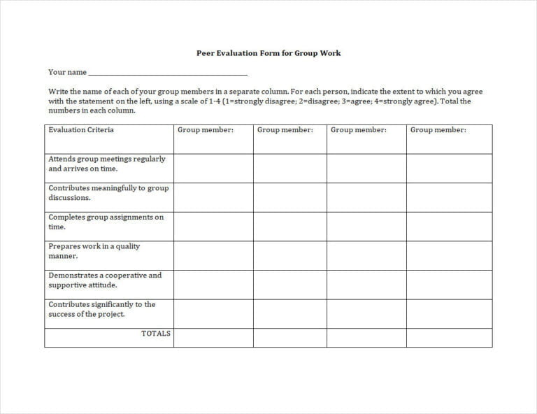 Printable Peer Evaluation Form