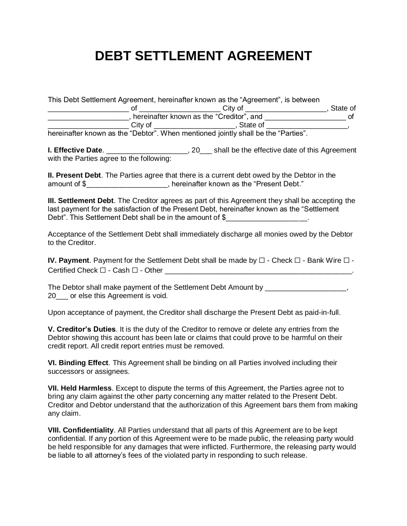 Personal Debt Agreement Template (Word)