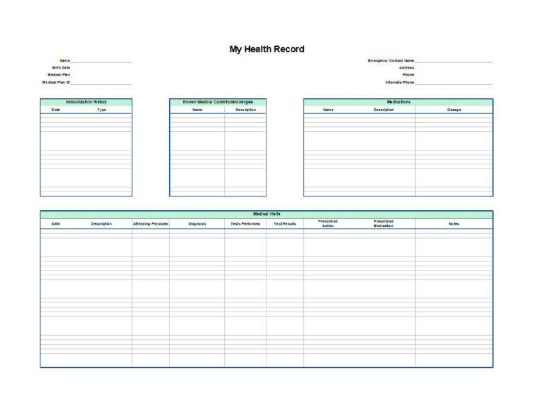 Personal Medical Health Record Sheet Template