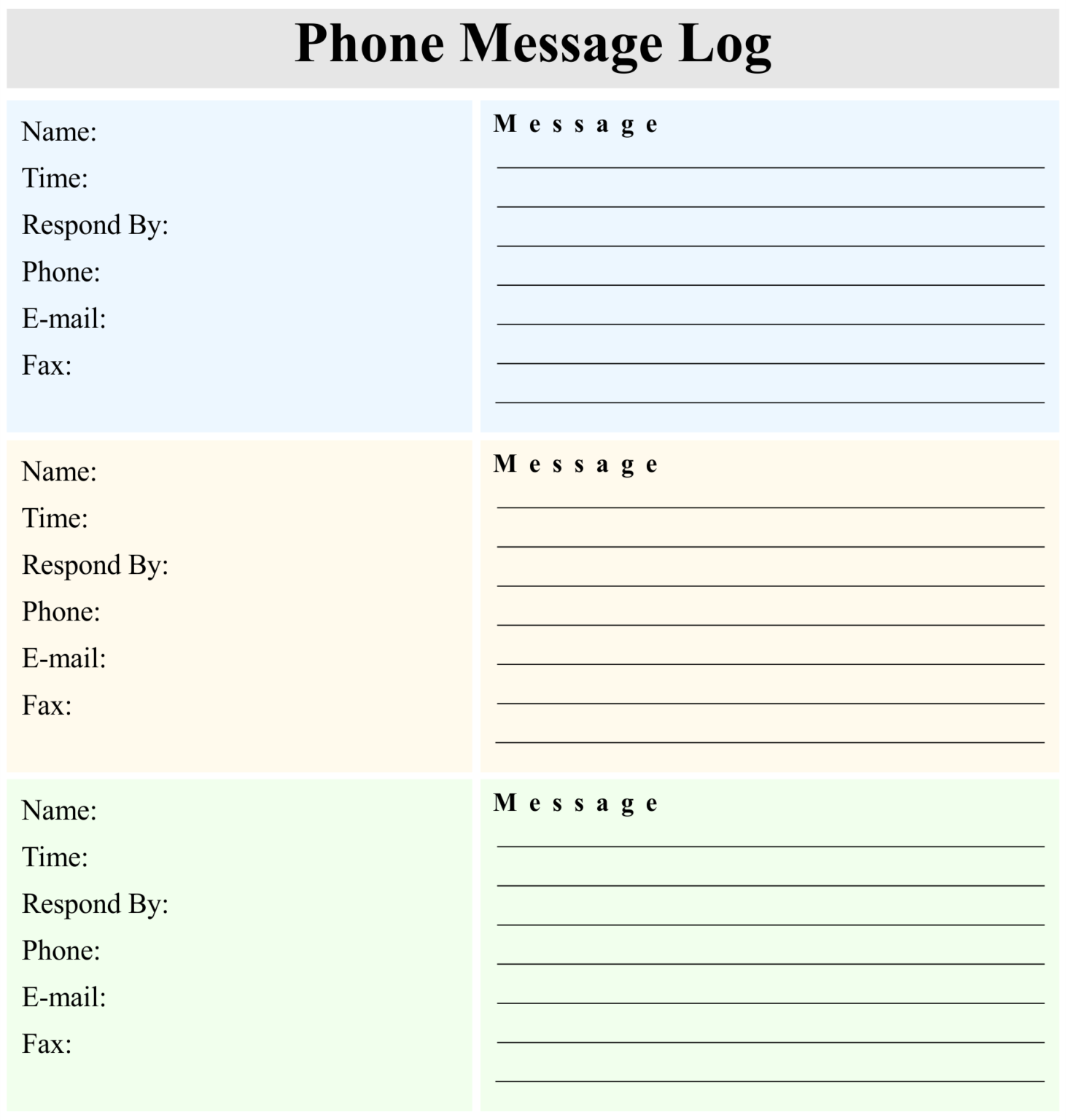 Printable Phone Message Log Template