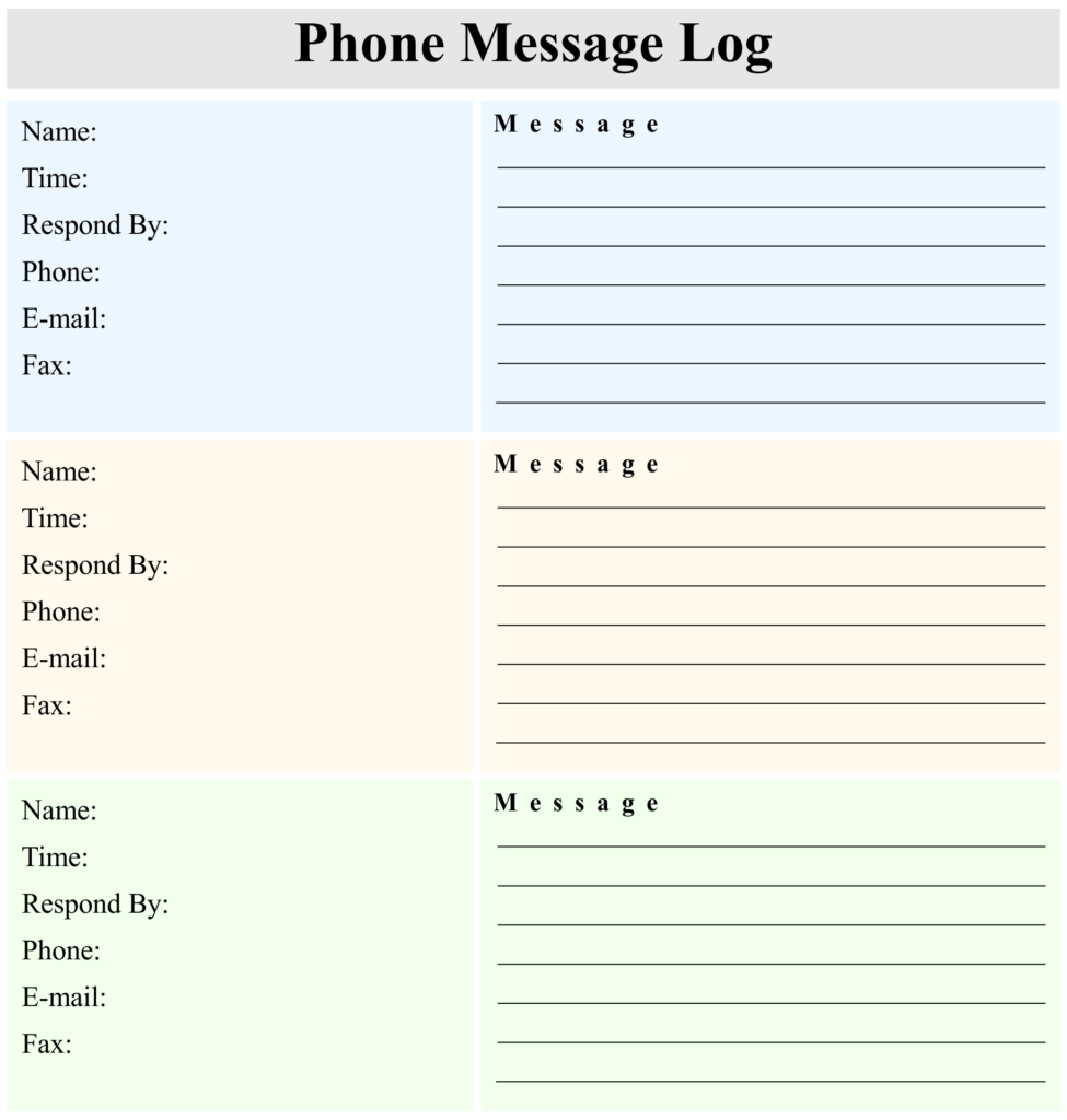 Printable Phone Message Log Template