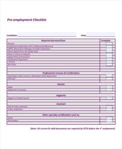 Printable Pre-Employment Checklist Template