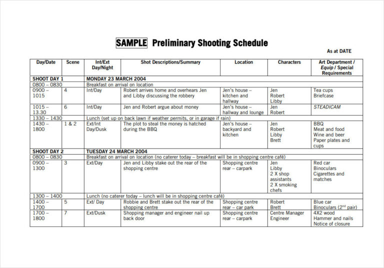 Film Shooting Schedule Template