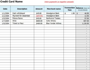 Printable Credit Card Use Log Template