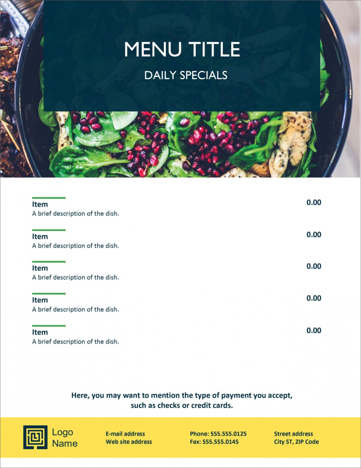 Customizable Daily Special Menu Template (Word)