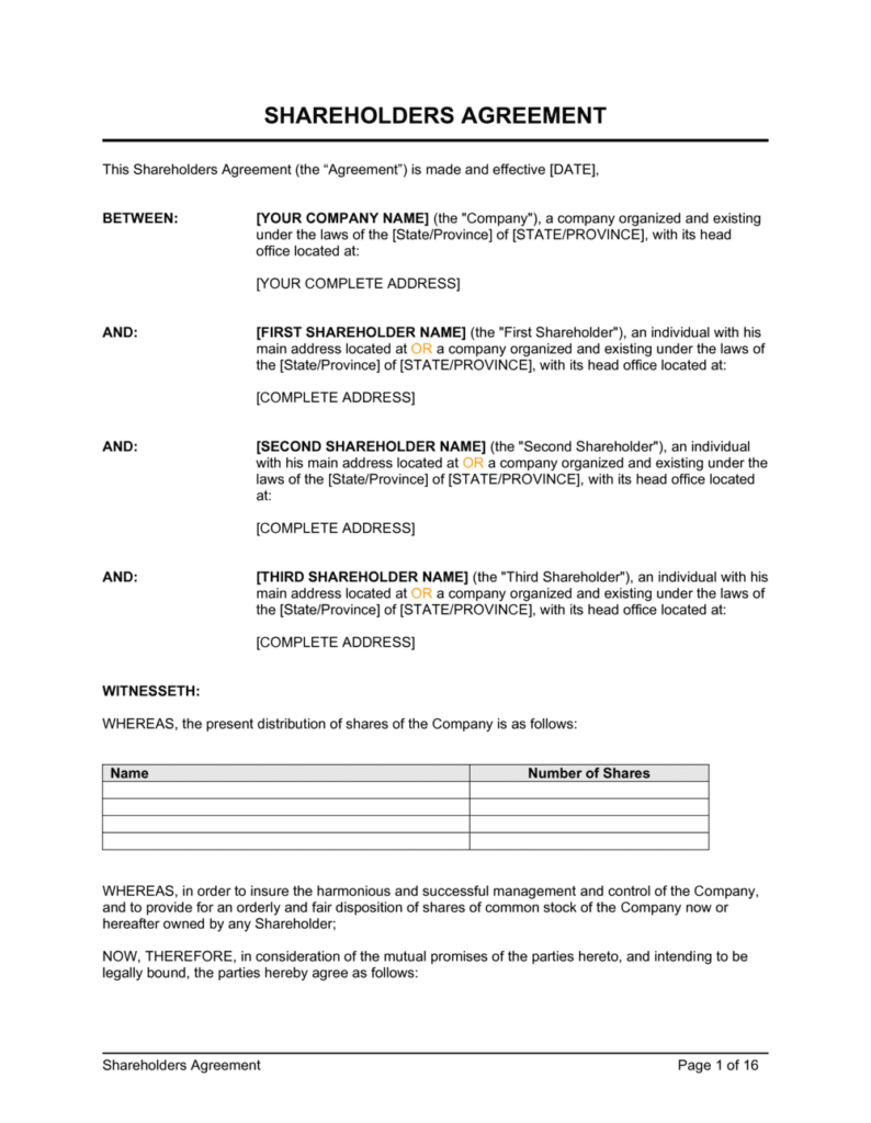 Shareholders Agreement Template