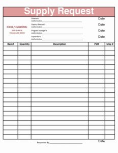 Printable Supply Order Sheet Template