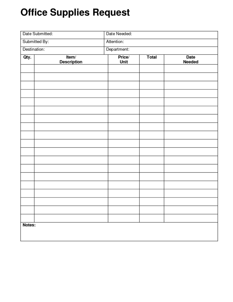 Printable Supply Order Sheet Template