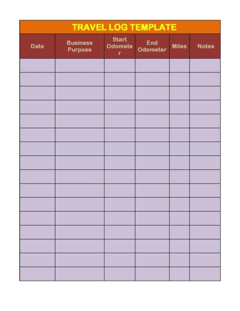 Printable Travel Log Template (Excel)