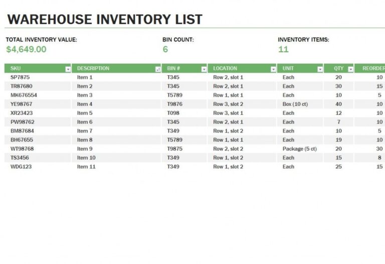 Warehouse Inventory List Template (Excel)