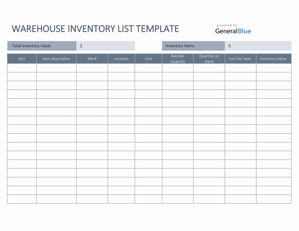 Warehouse Inventory List Template (Excel)