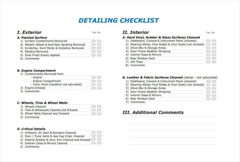 Printable Auto Detailing Checklist Template
