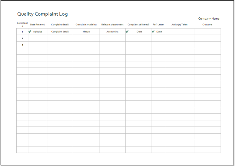 Quality Complaint Log Template
