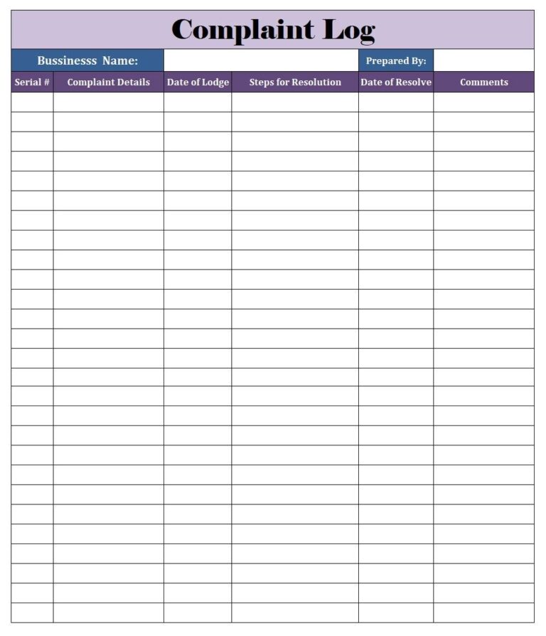 Quality Complaint Log Template
