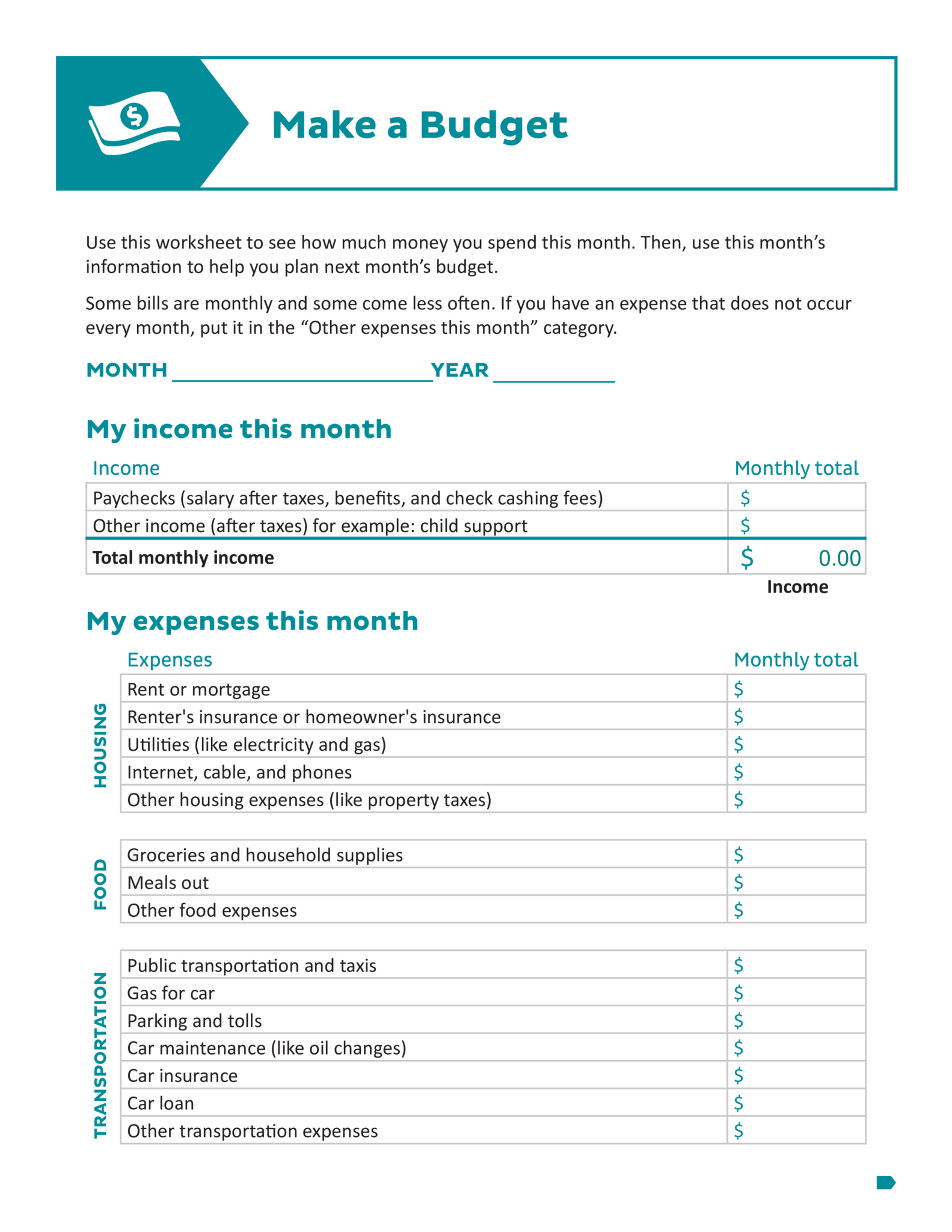 Recreational Activity Budget Worksheet Template