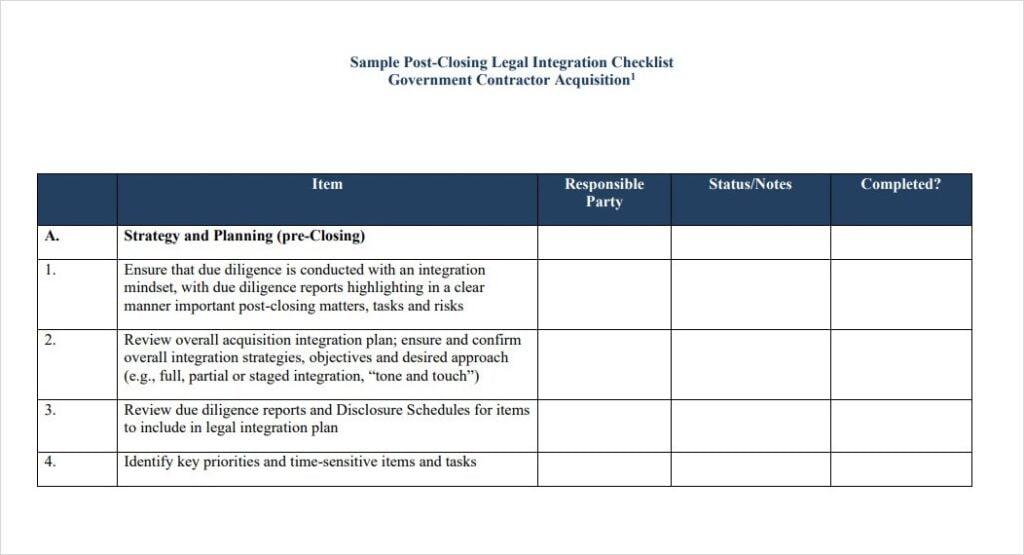 Printable Integration Checklist Template