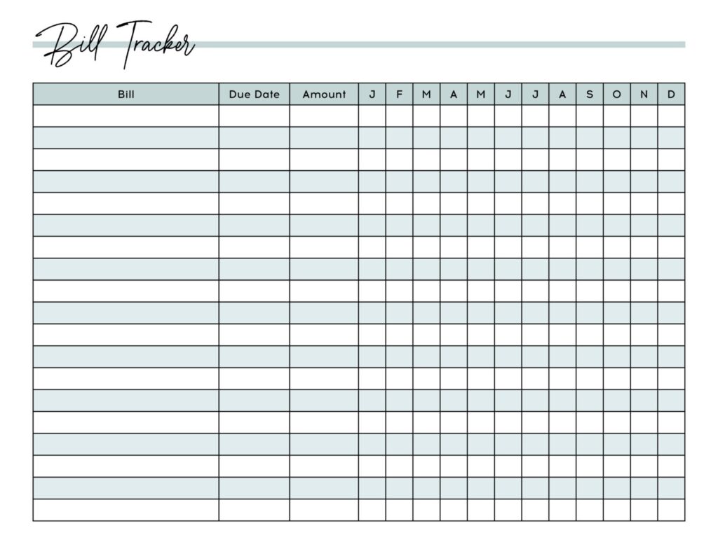 One-Year Bill Organizer Worksheet Template