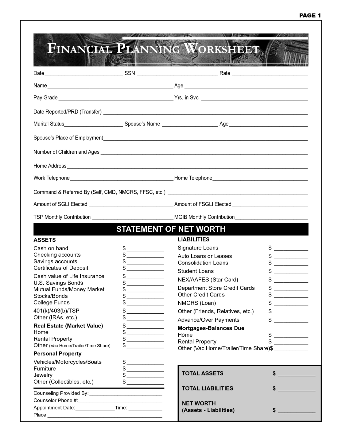 One-Year Financial Planning Worksheet Template