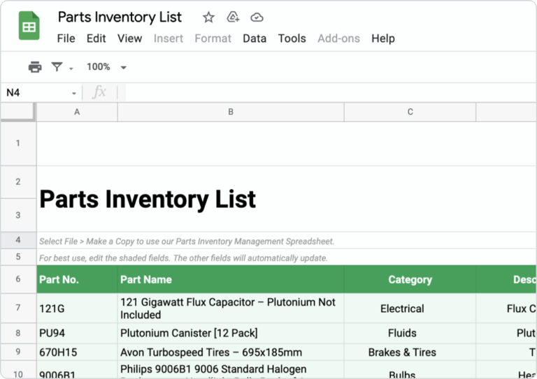 Parts Inventory Spreadsheet Template