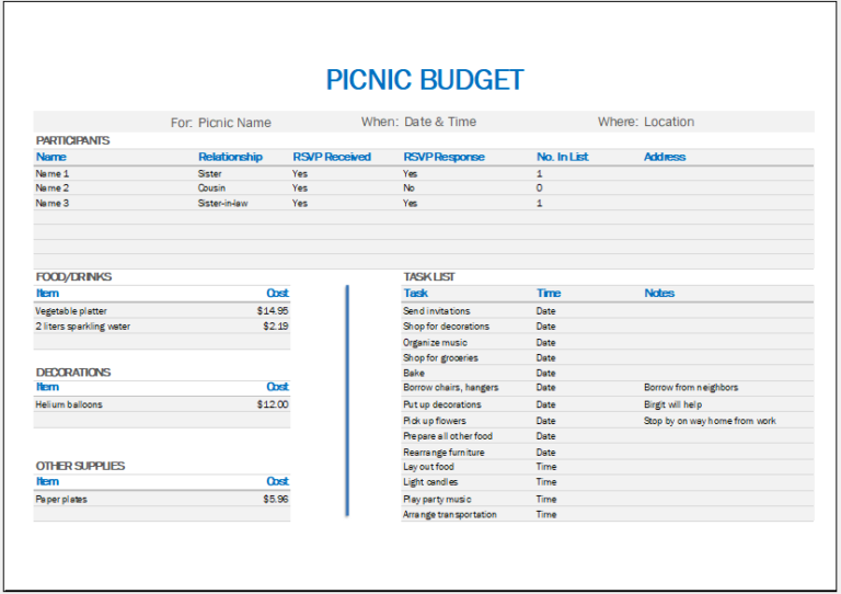 Picnic Money Management Template (Excel)