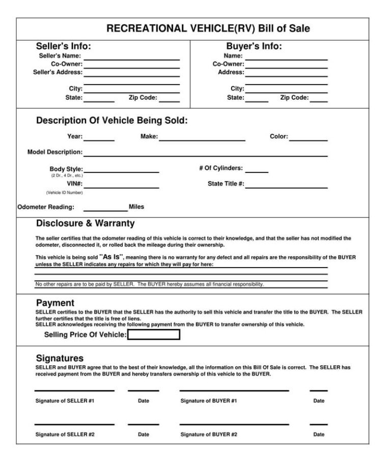 Printable RV Bill of Sale Form