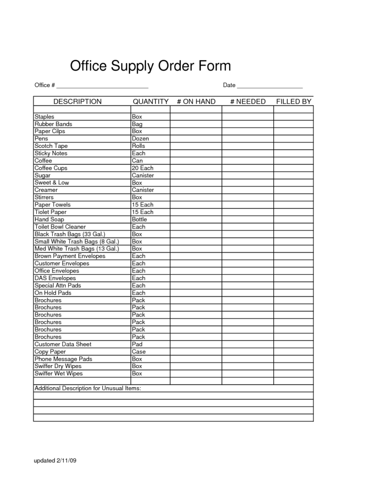 Printable Supply Order Sheet Template