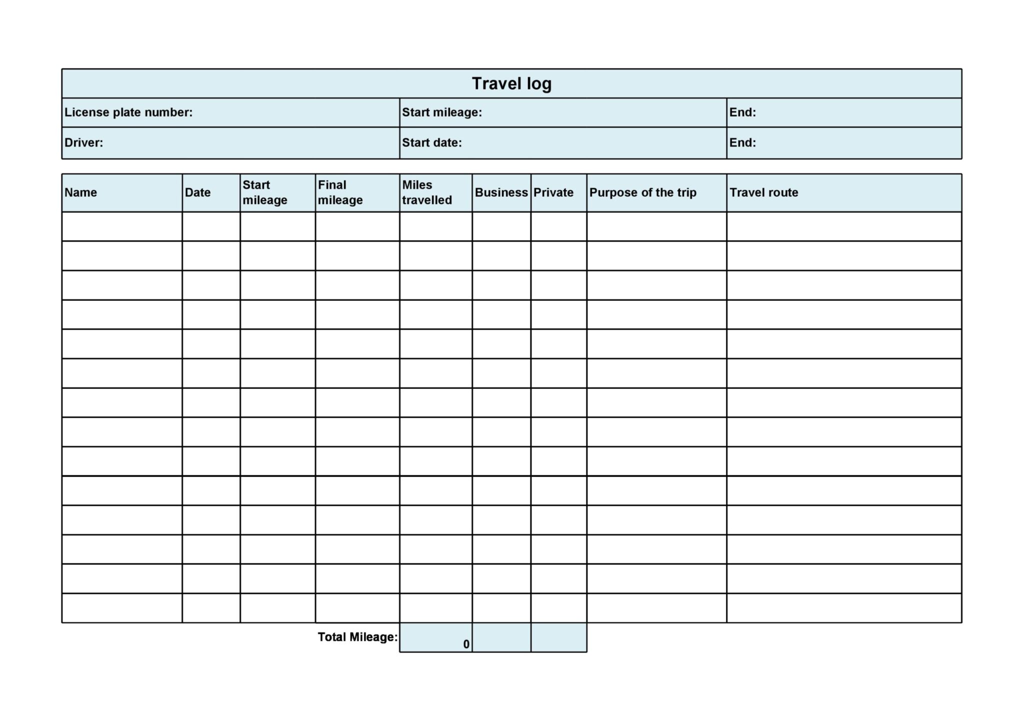 Printable Travel Log Template (Excel)