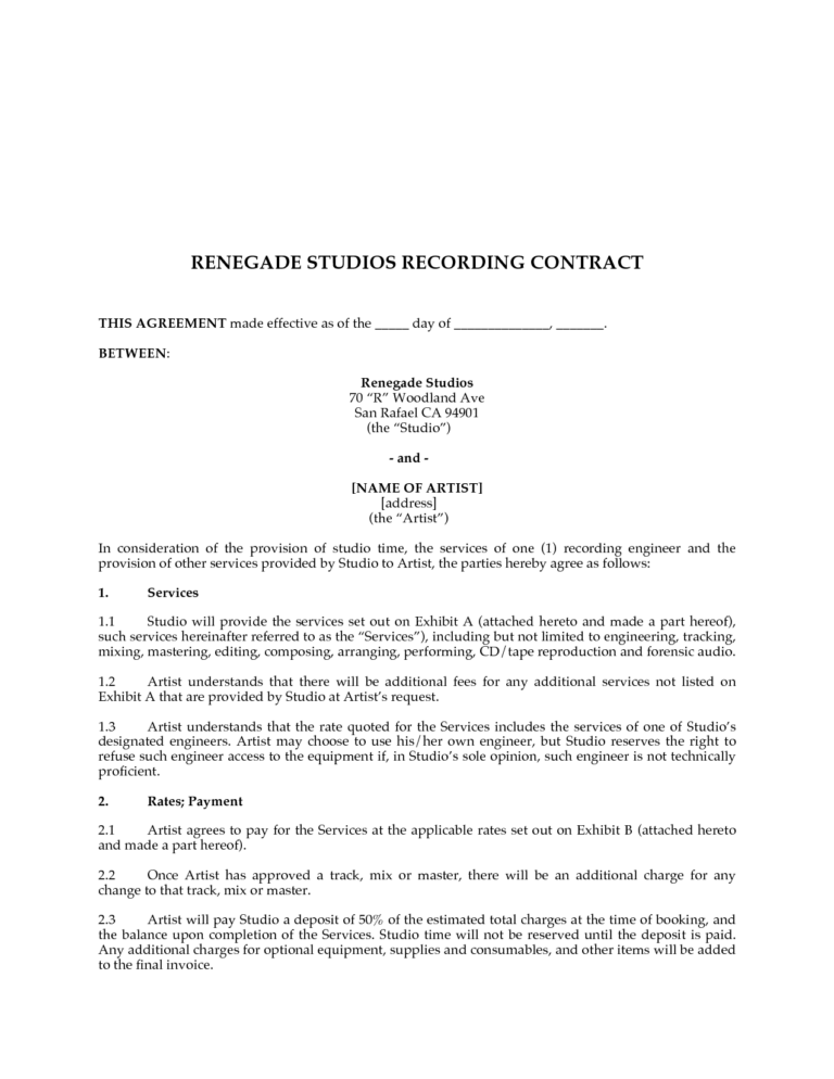 Recording Agreement Template