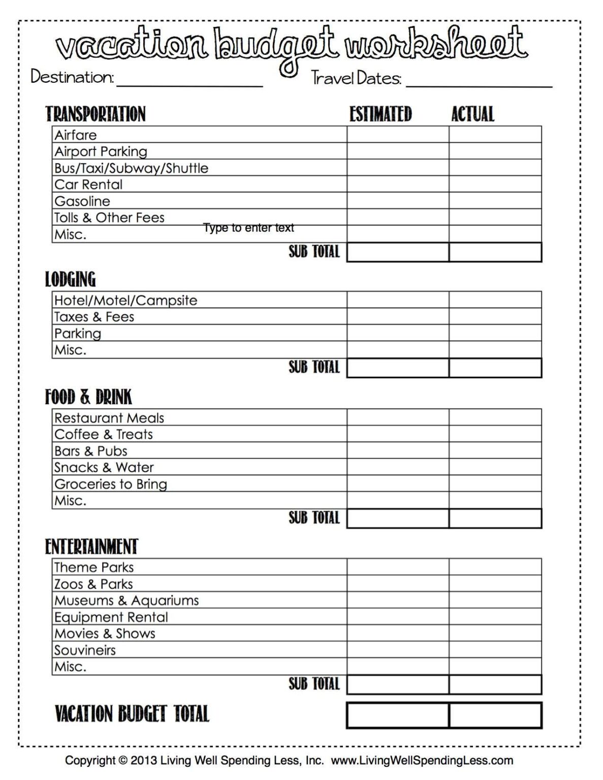 Recreational Activity Budget Worksheet Template