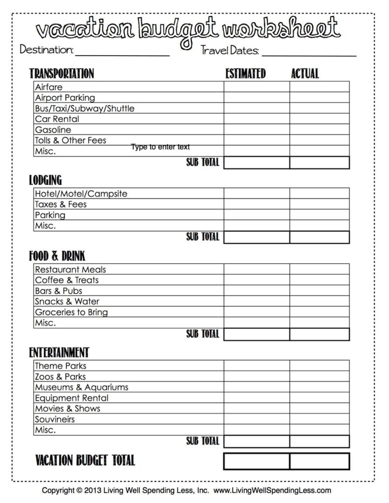 Recreational Activity Budget Worksheet Template