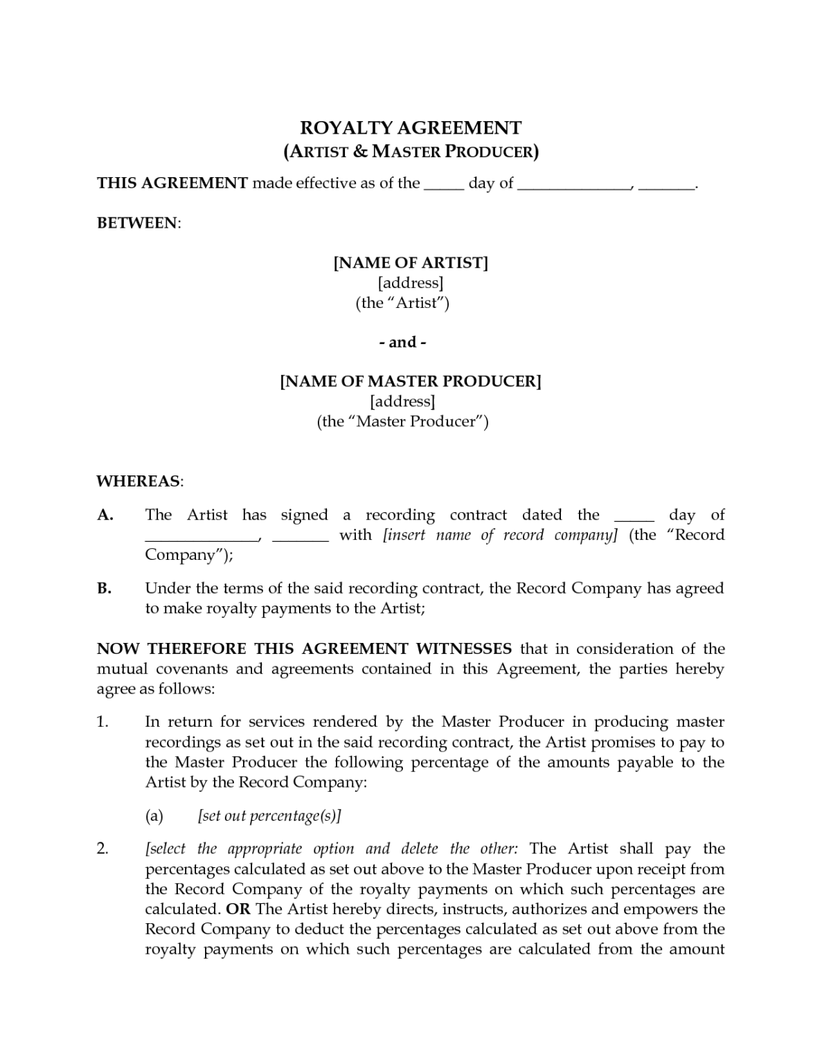 Royalty Agreement Template (Word)