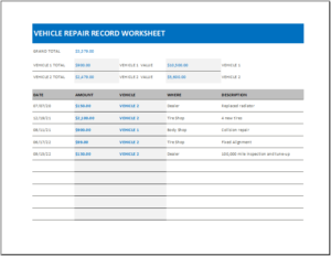 Vehicle Repair Record Worksheet Template
