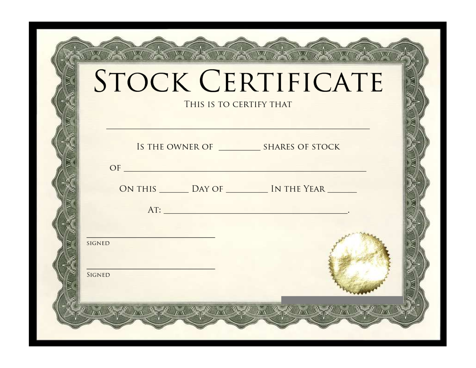 Printable Shareholders Stock Certificate Template