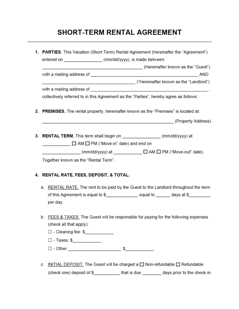 Short-Term Lease Agreement Template (Word)