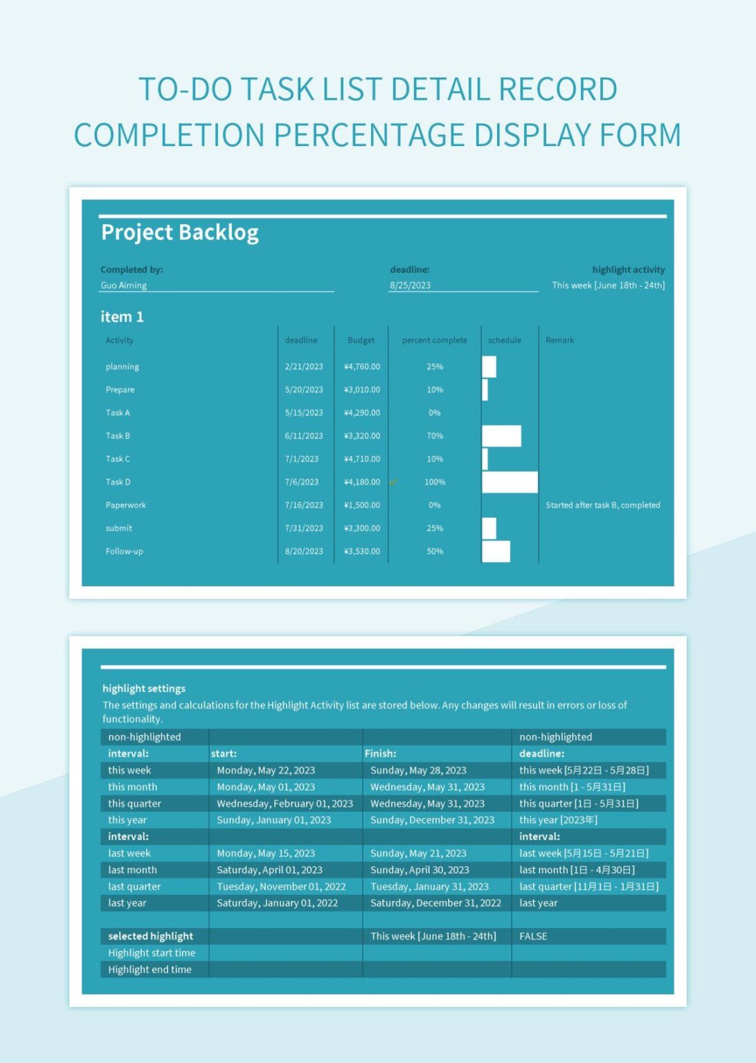 To-do List With Percentage Completion (Excel)
