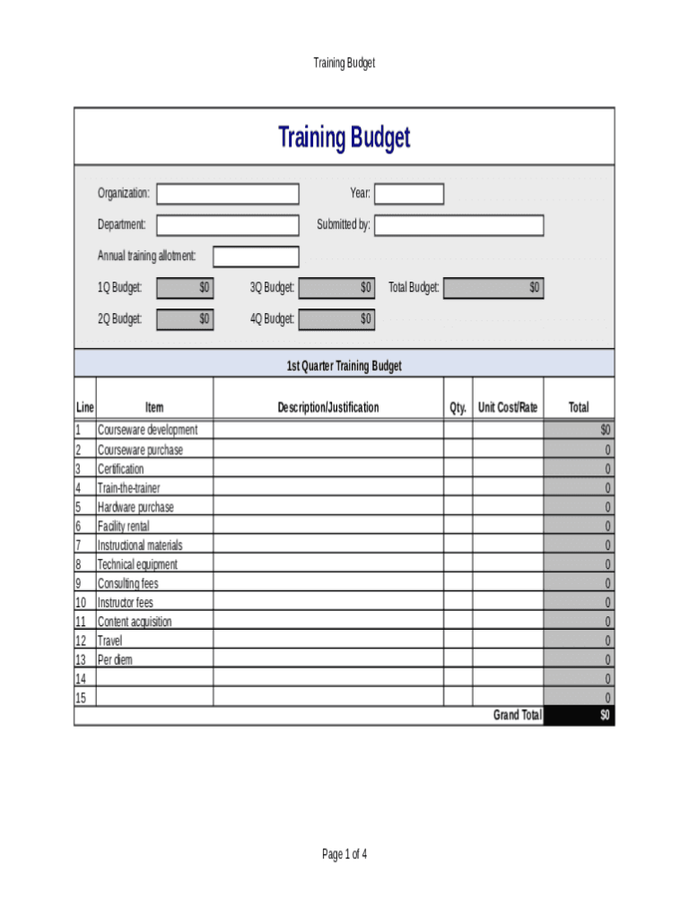 Printable Training Budget Template (Excel)