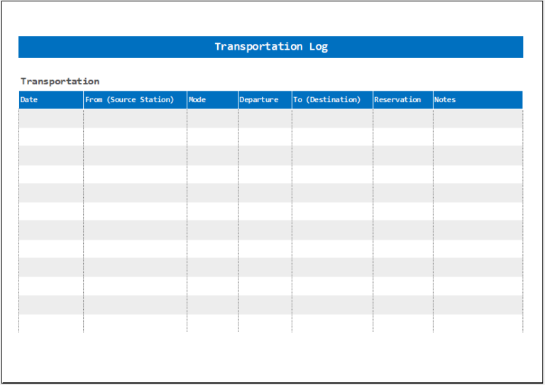 Printable Transportation Log Template