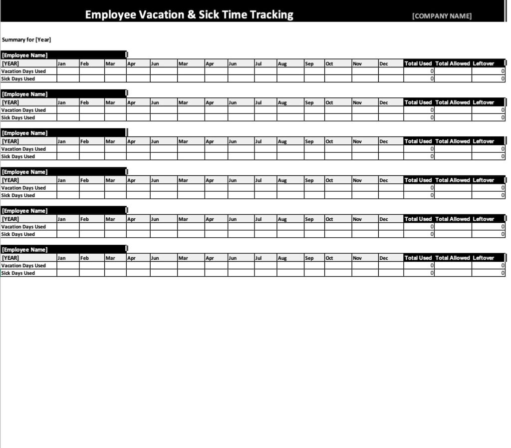 Vacation and Sick Time Tracking Worksheet Template