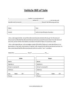 Printable Vehicle Bill of Sale Template