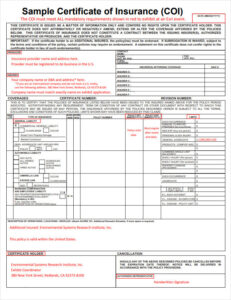 Printable Certificate of Insurance Template