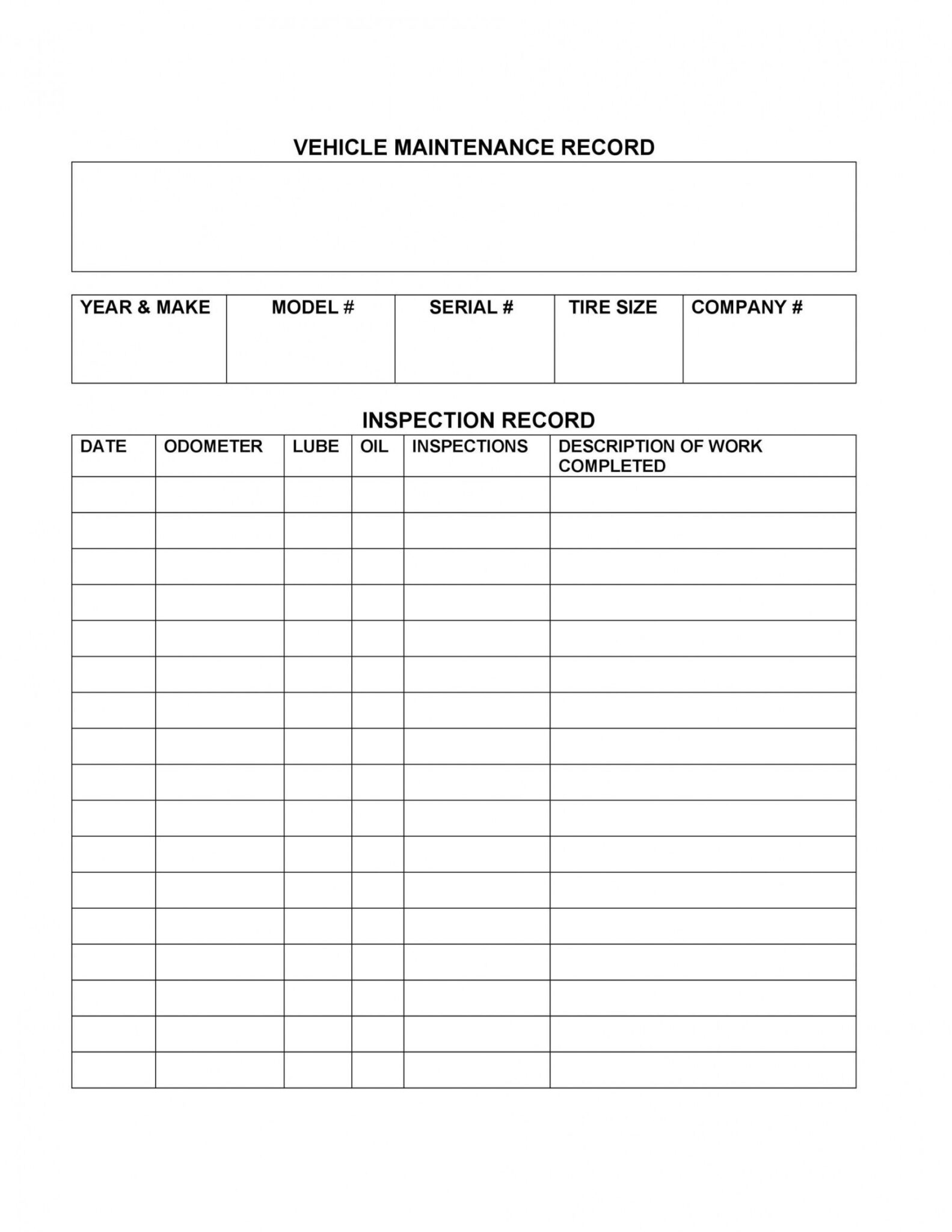 Vehicle Repair Record Worksheet Template