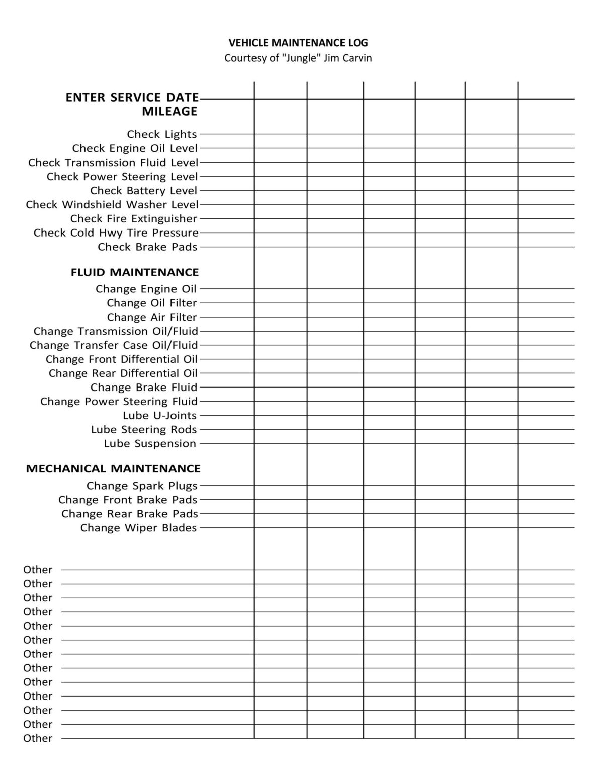 Vehicle Repair Record Worksheet Template