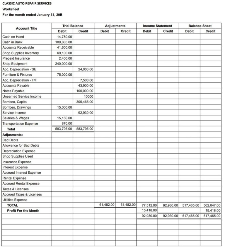 Vehicle Repair Record Worksheet Template
