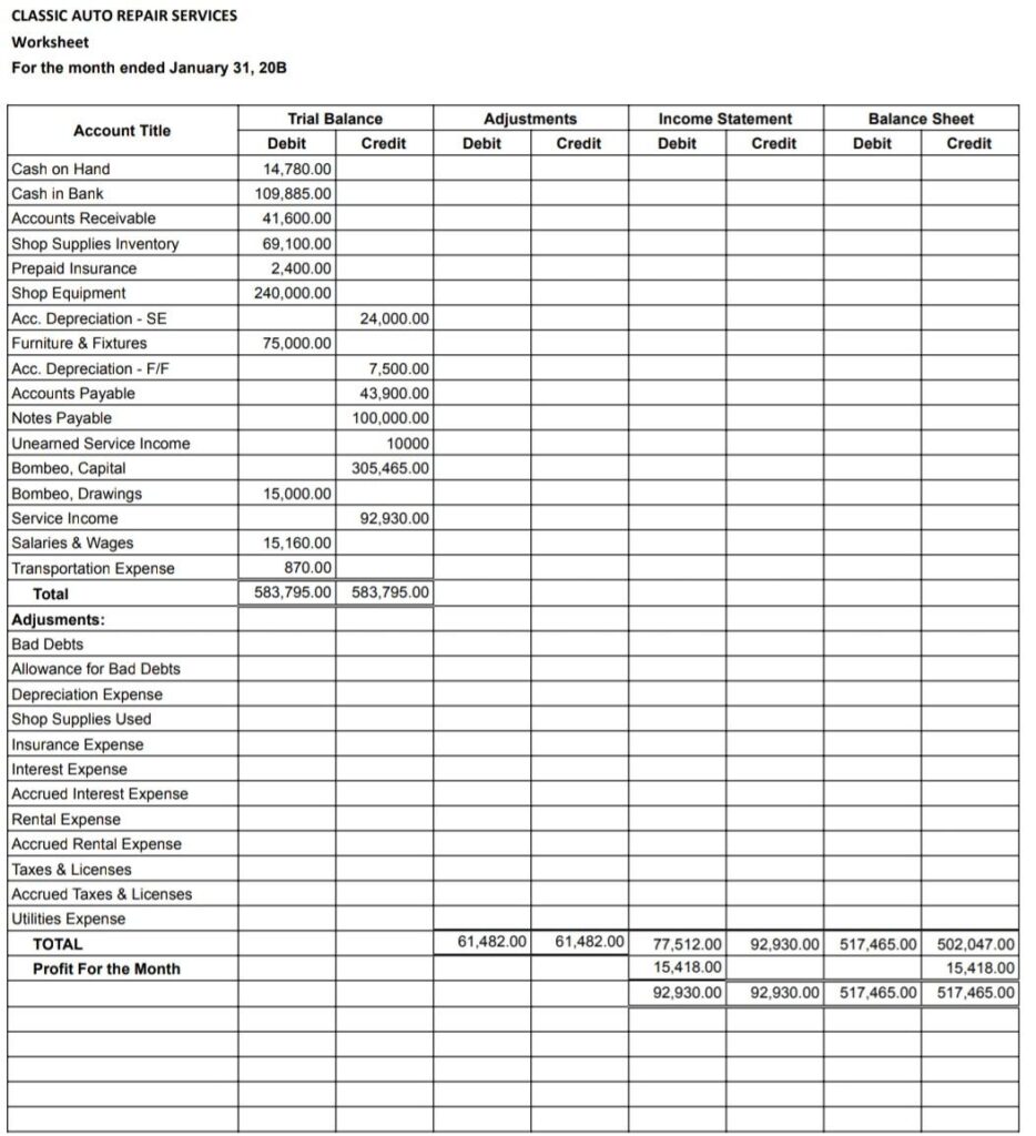 Vehicle Repair Record Worksheet Template