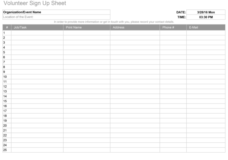 Volunteer Sign-up Worksheet Template