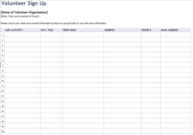 Volunteer Sign-up Worksheet Template