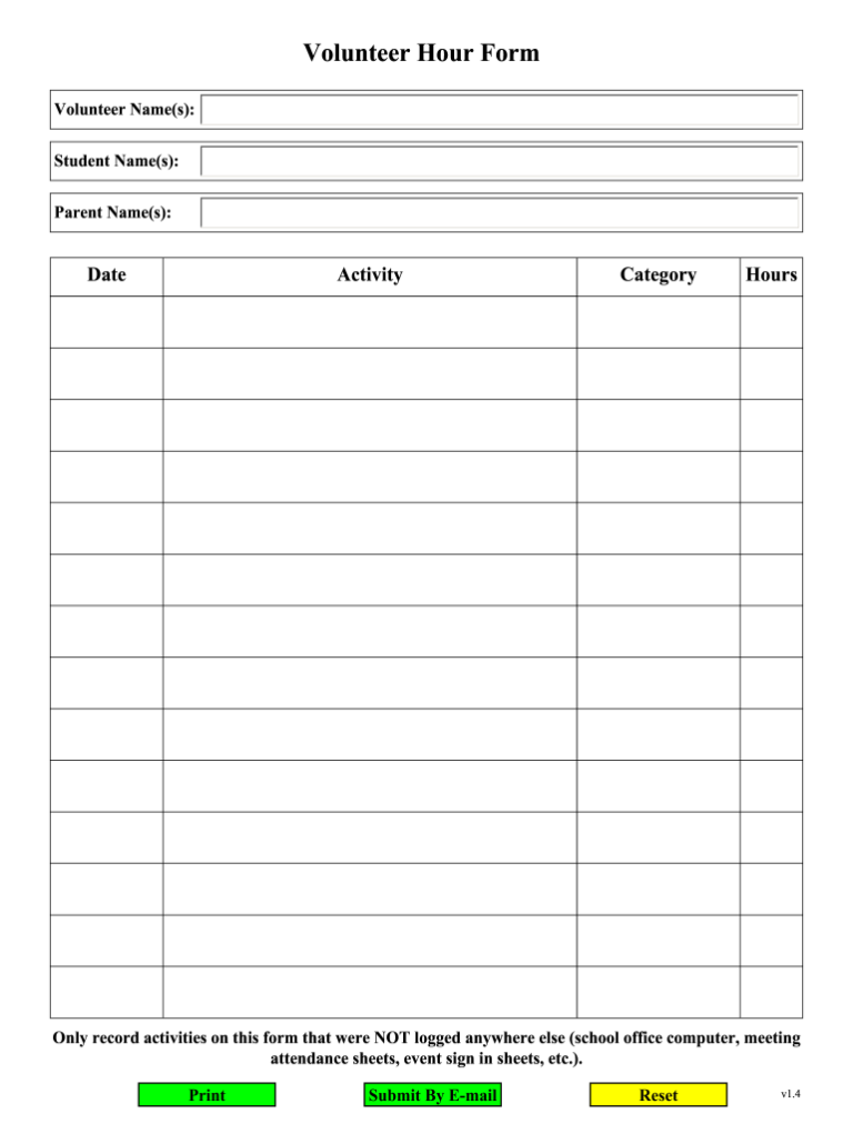 Volunteer Work Hour Schedule Worksheet Template