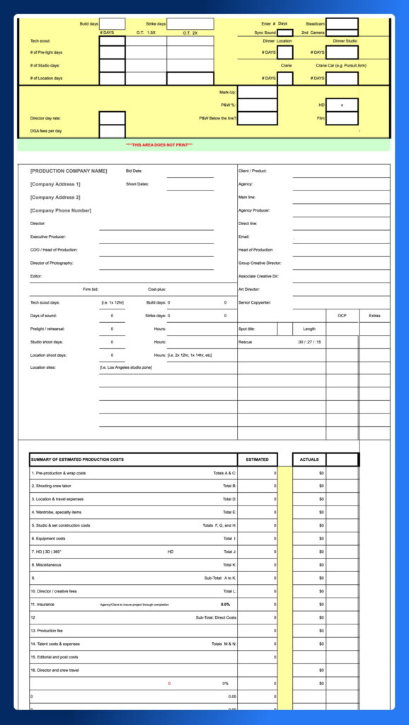 Printable TV Pilot Budget Template