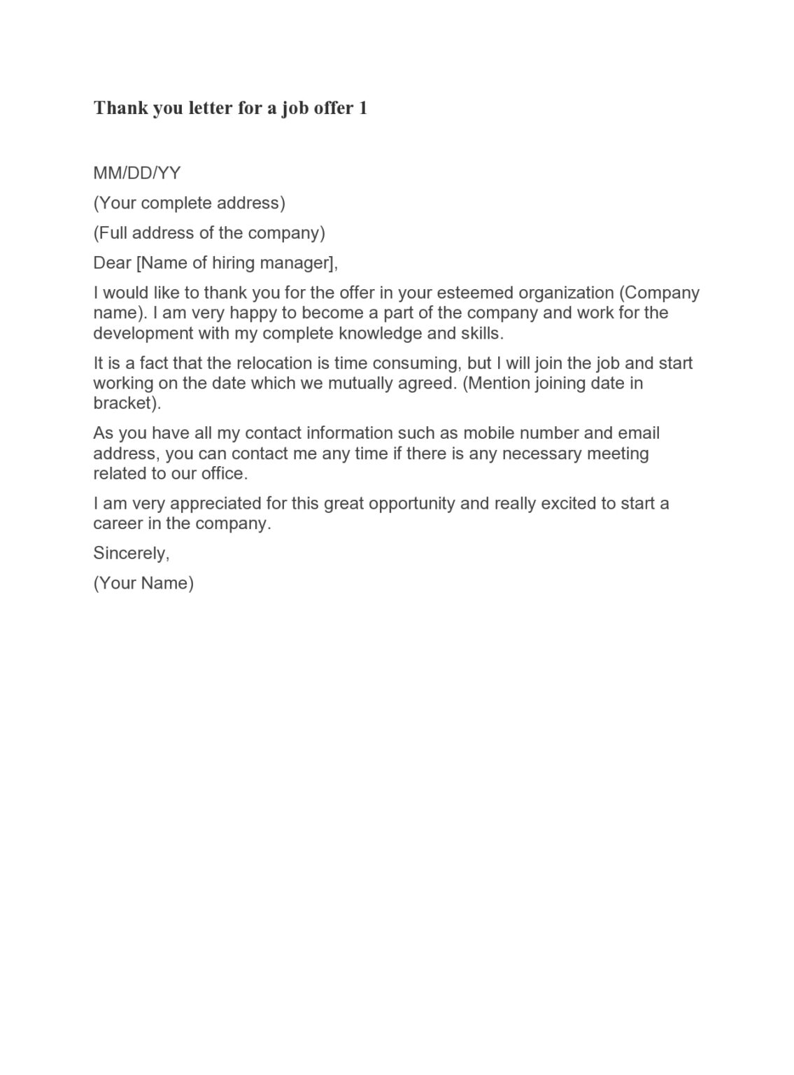 Thank You Letter for Job Offer (Word)